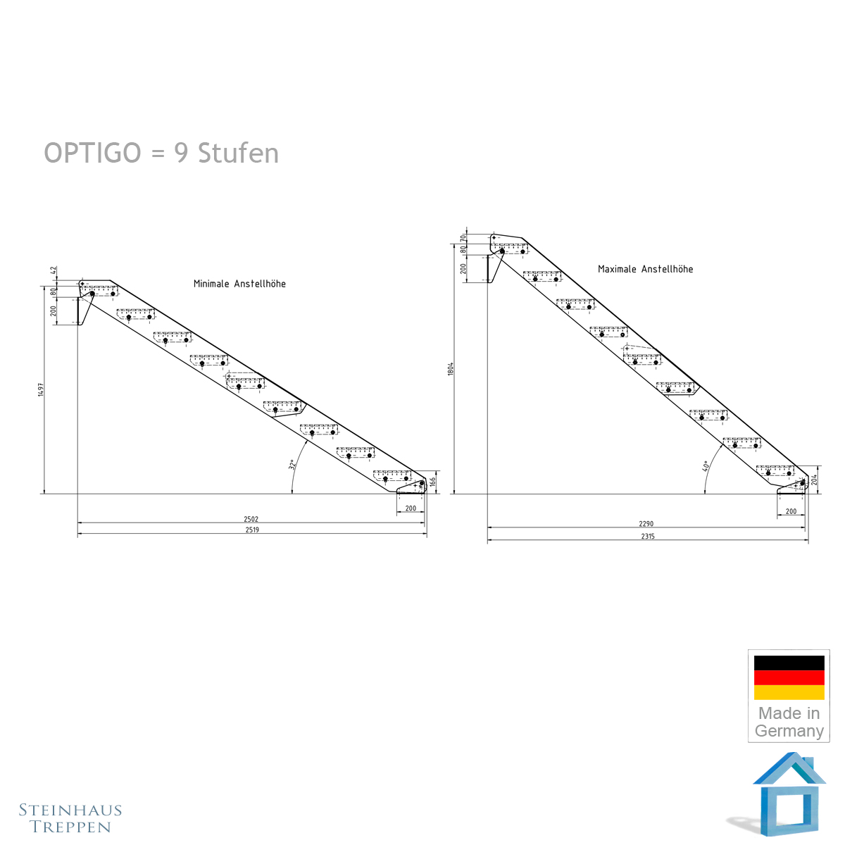 Außentreppe Stahl mit 9 Gitterrost Stufen in 120 Treppenbreite
